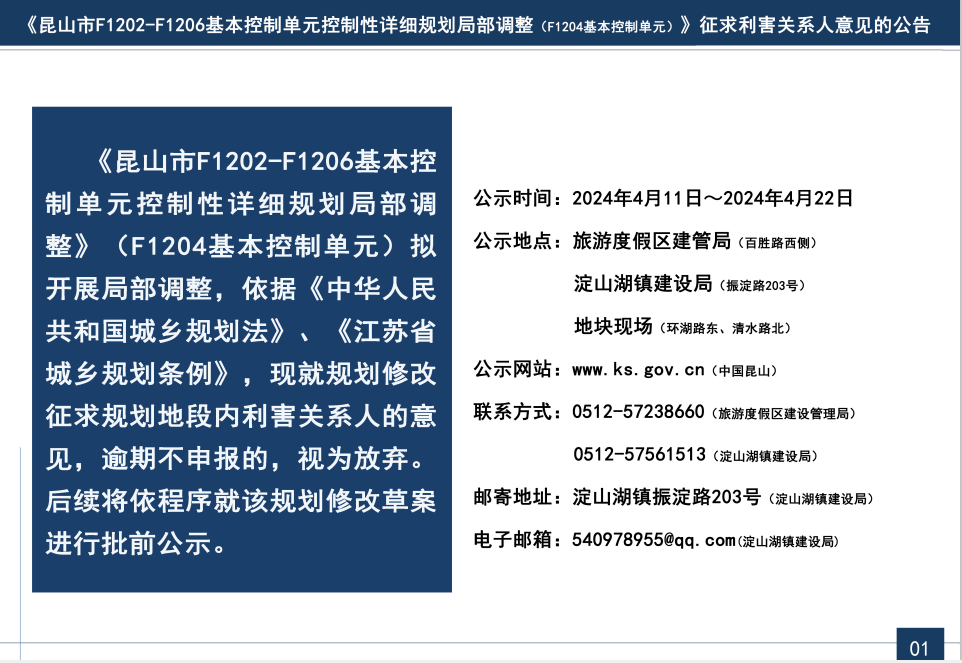 《昆山市F1202-F1206基本控制单元控制性详细规划局部调整（F1204基本控制单元）》征求利害关系人意见的公告 | 昆山市人民政府